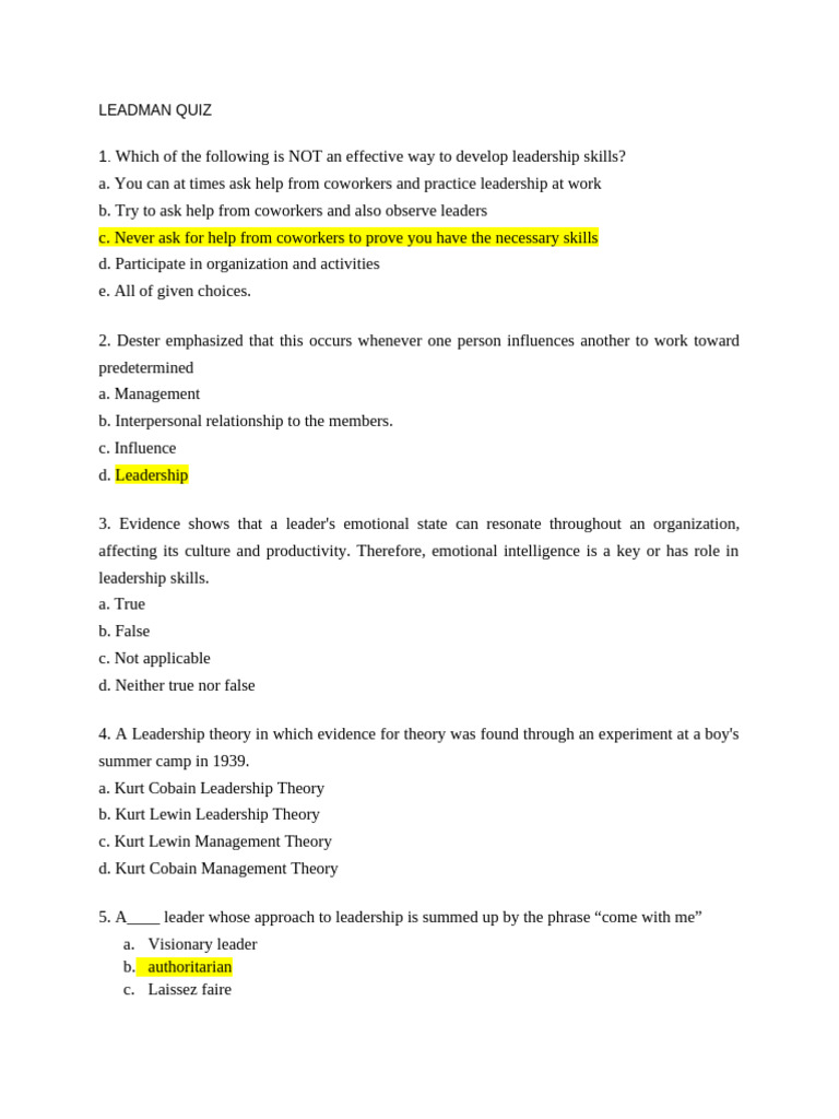 Leadership & Management Quiz | PDF