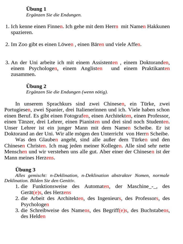 Lösungen Für Übungen N-Deklination | PDF