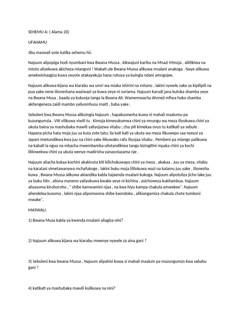 STD 7 Kiswahili Mtihani | PDF