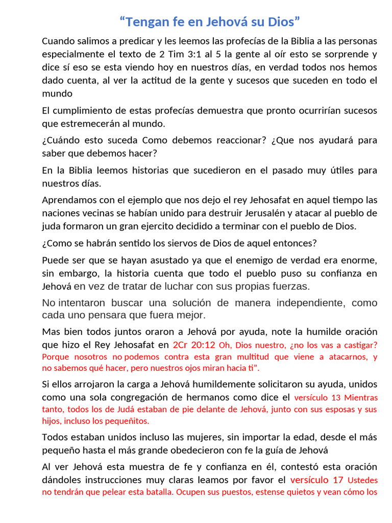 Tengan Fe en Jehová Su Dios | PDF