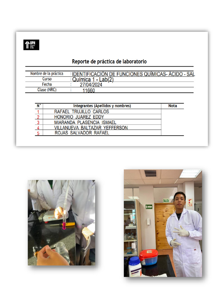 REPORTE DE LABORATORIO 5-Quimica (Lab2) - IDENTIFICACIÓN DE FUNCIONES QUÍMICAS - ÁCIDO - SAL ...