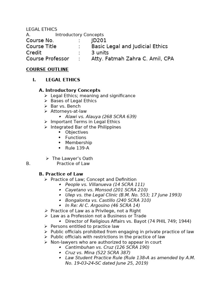 Course Outline Basic Legal and Judicial Ethics | PDF
