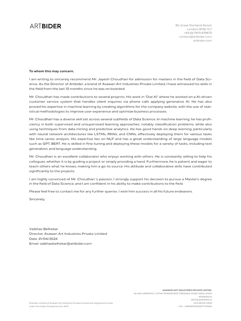 Artbider Letter Jayesh Final Ds | PDF