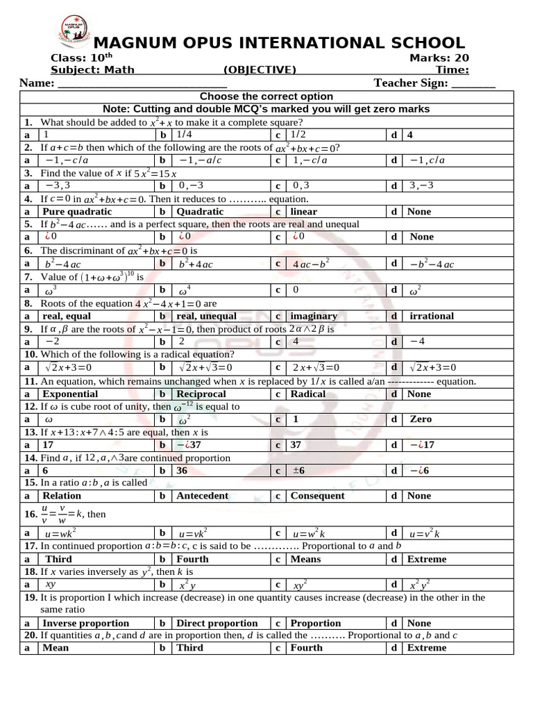 10th F.D Math Objective | PDF