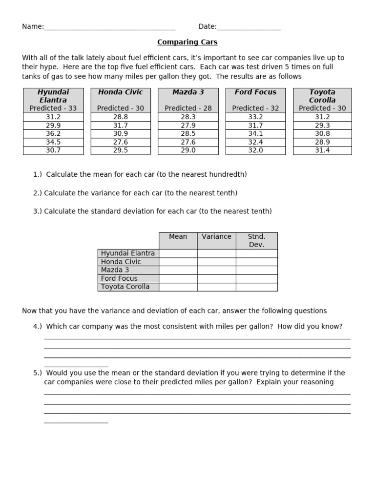 Standard Deviation Worksheet Comparing Cars | PDF | Fuel Economy In ...