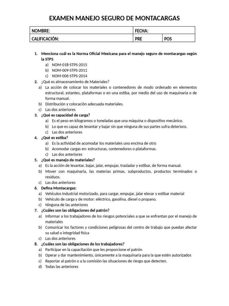 Exámen Manejo Seguro de Montacargas | PDF Exámen Manejo Seguro de Montacargas | PDF