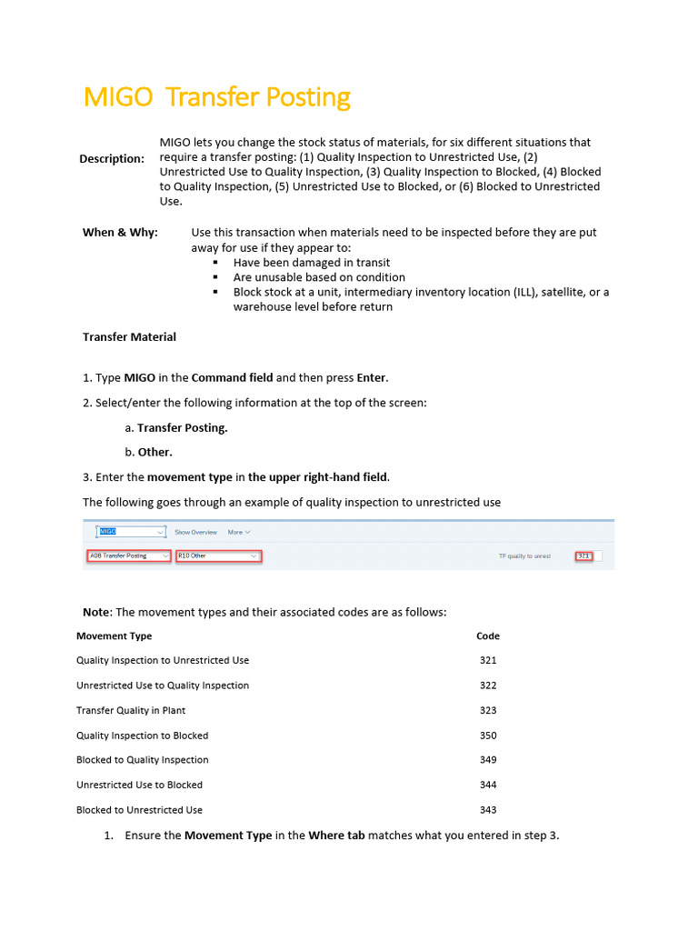 MIGO Transfer Posting | PDF