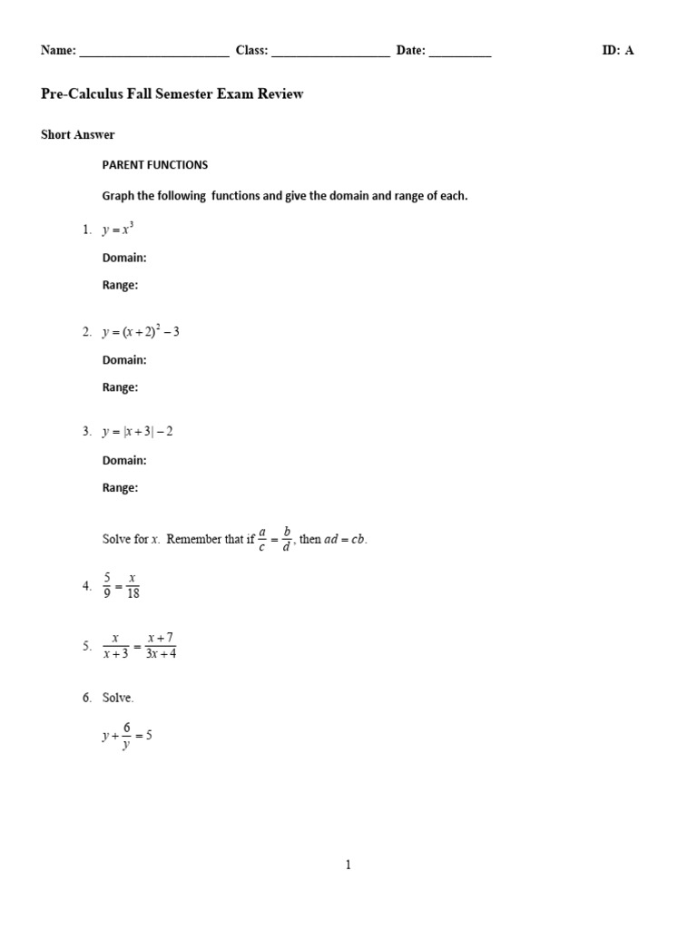 Precalculus 1st Sem Exam Review Problems And Answers Pdf