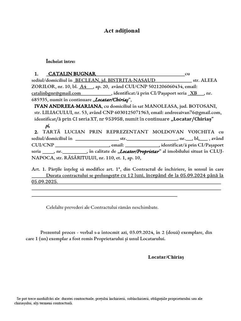 Model Act Adițional Contract de Închiriere Imobil | PDF
