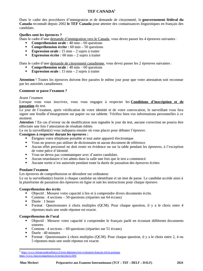 Fiche Technique - TEF CANADA | PDF