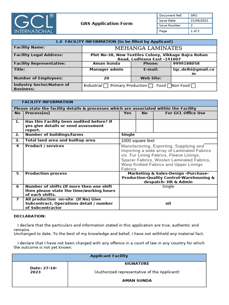 GRS Application Form (1) - GCL | PDF | Textiles