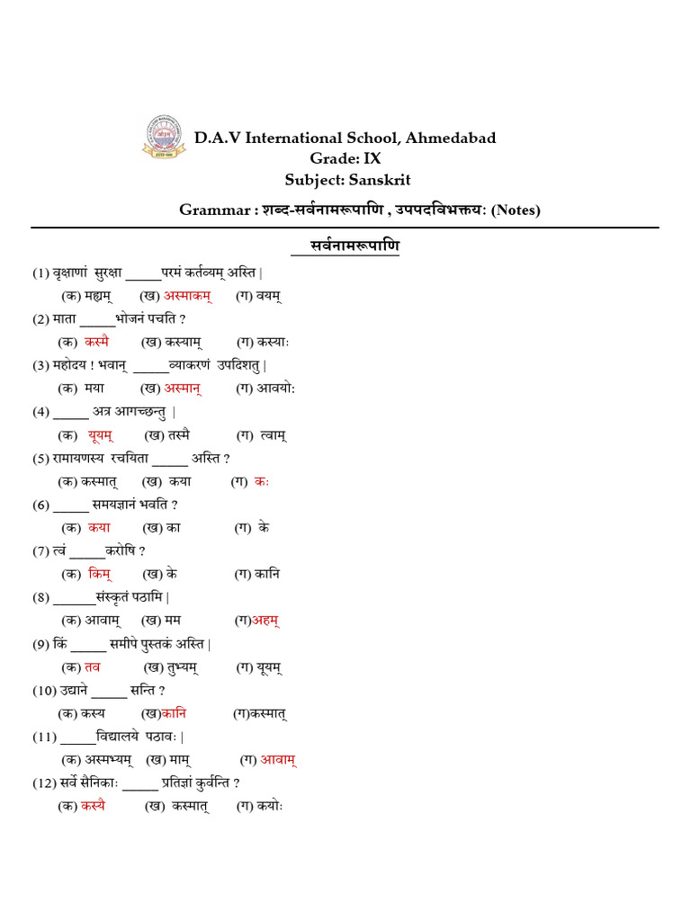 Grade - 9 Sanskrit Shabd-sarvnam Rupani , Upapad Vibhakti (Notes) | PDF