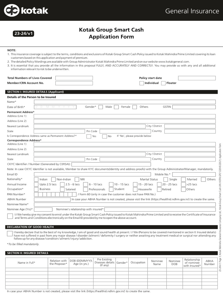 Hospicash Family Floater Plan - Application Form | PDF | Insurance ...