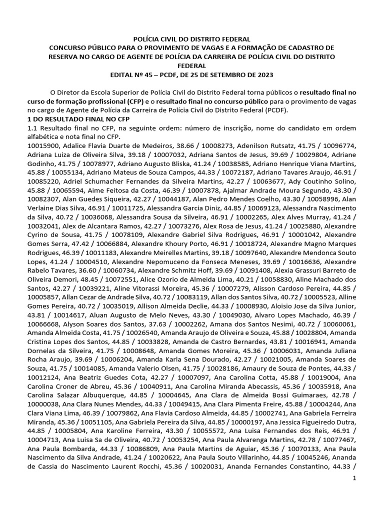 Ed 45 2020 PCDF Agente 20 Res Final CFP e Concurso | PDF