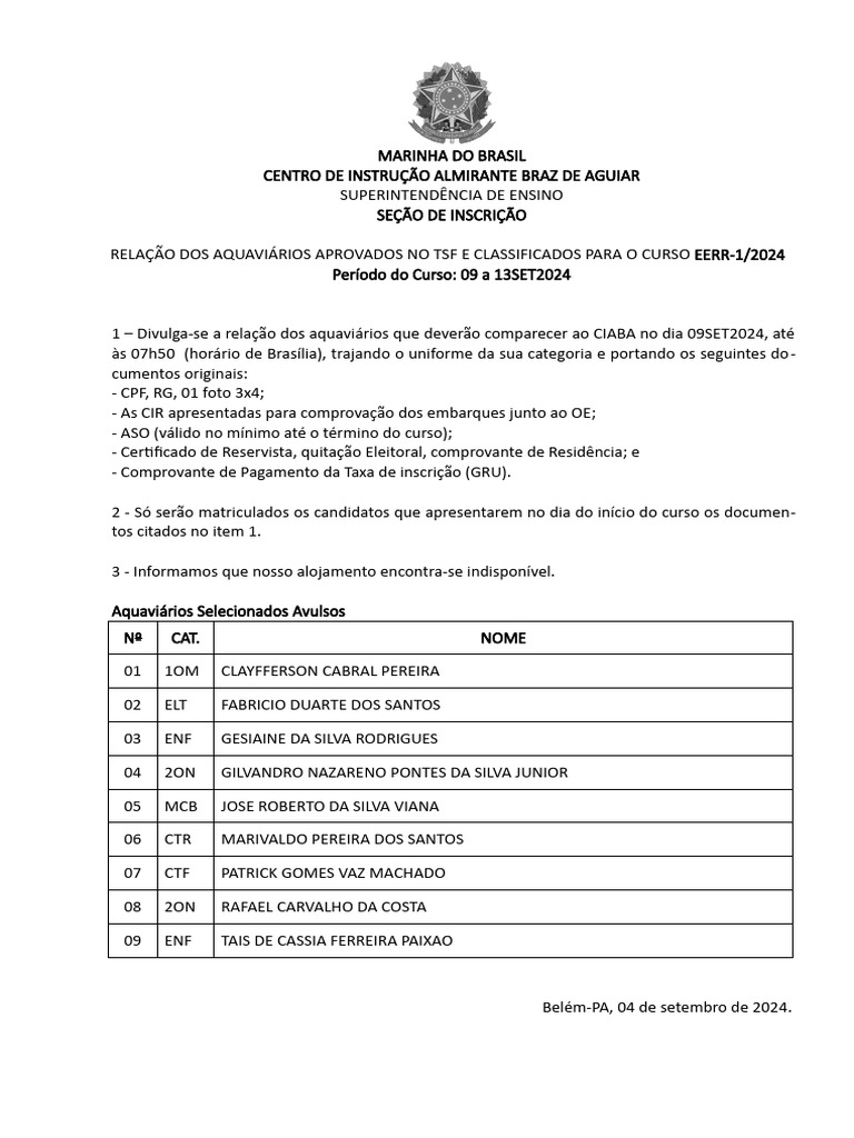 EERR 1 2024 - Aprovados No TSF | PDF