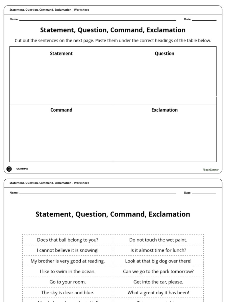 Statement Question Command Exclamation Cutand Paste Worksheet Printable ...