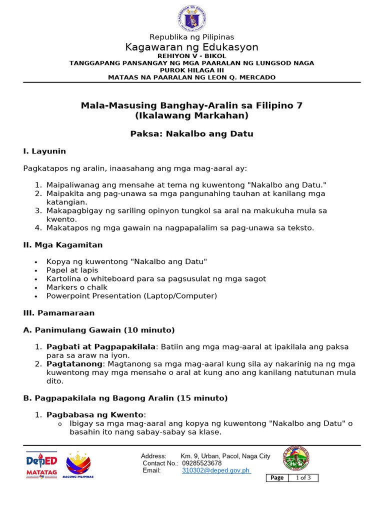 Banghay Aralin Filipino 7 - 1st Quarter | PDF | Philippines