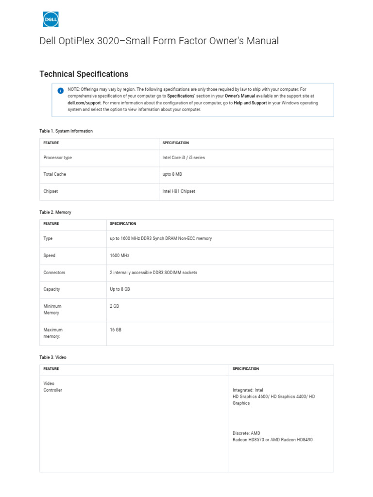Dell OptiPlex 3020-Small Form Factor Owner's Manual - Dell US | PDF