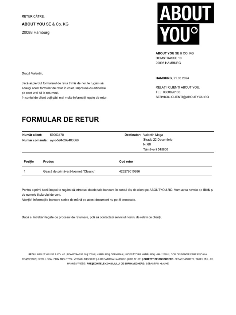 Formular de Retur Ayro-594-269403668 | PDF