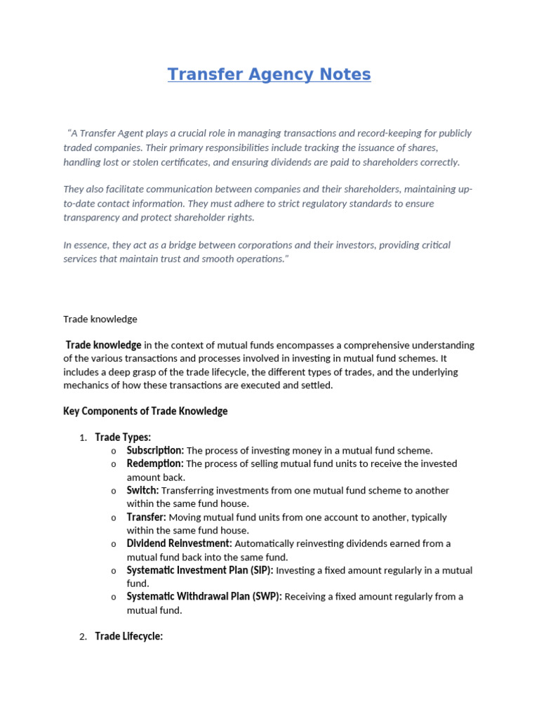 Transfer Agency Notes | PDF