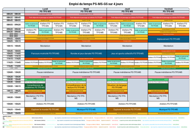 Emploi Du Temps Tps Ps Ms Sur 4 Jours | PDF