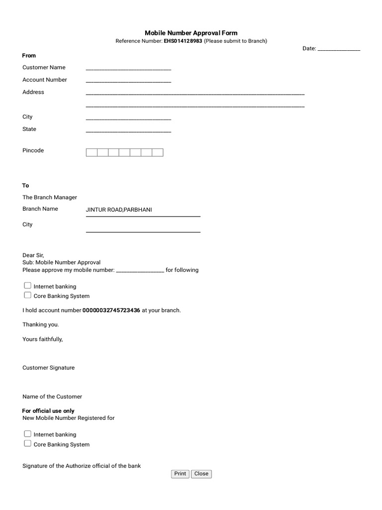 SBI Mobile Number Form Change | PDF