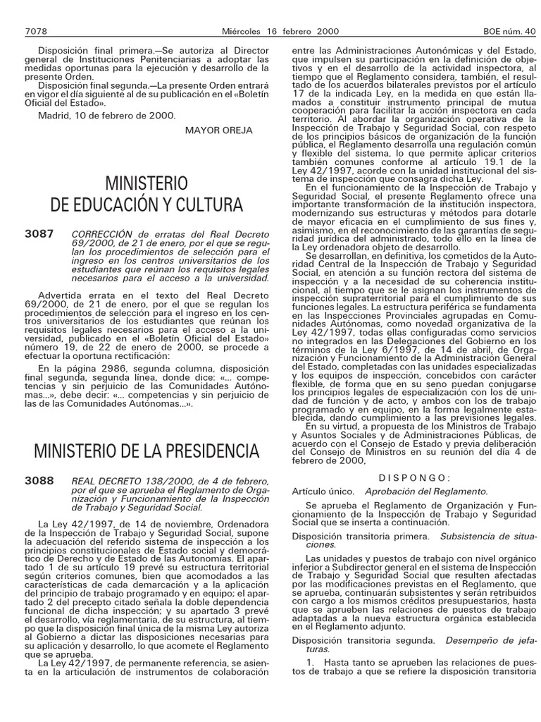 REAL DECRETO 138-2000 Inspeccines Trabajo | PDF
