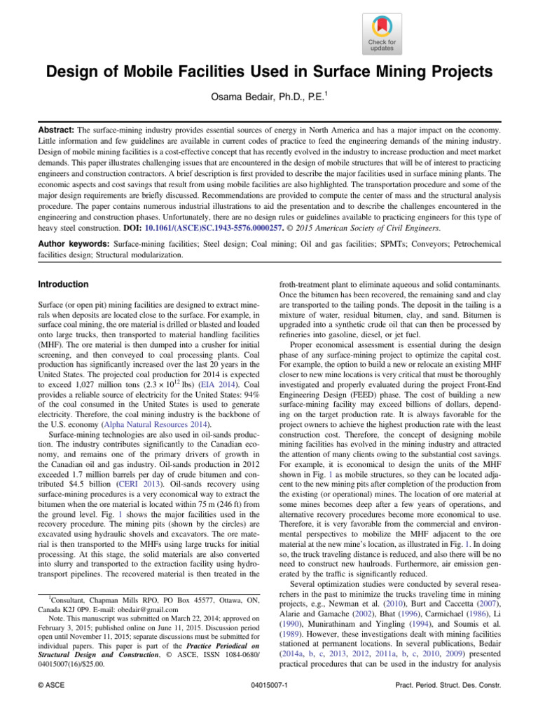 Bedair 2015 Design of Mobile Facilities Used in Surface Mining Projects | PDF