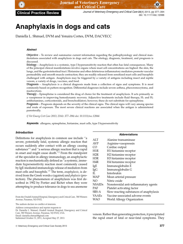 Shmuel, Cortes (2013) - Anaphylaxis in Dogs and Cats | PDF