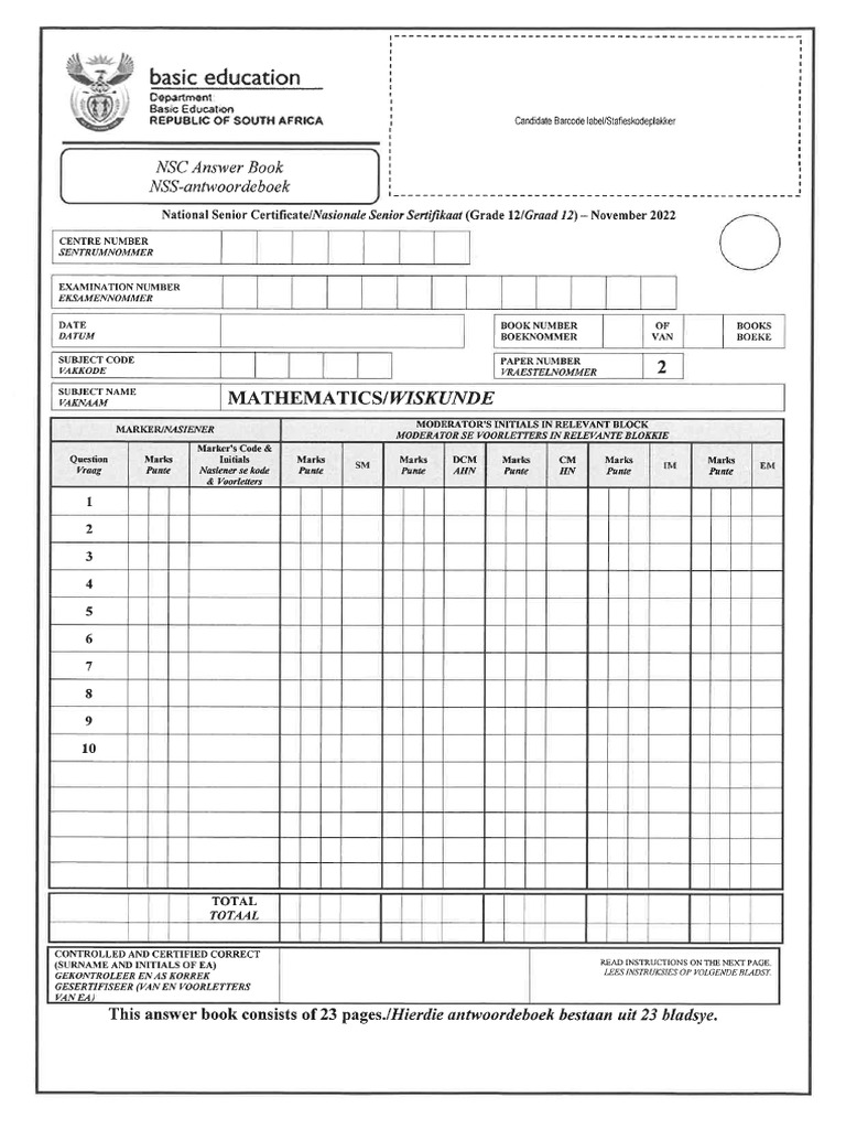 Mathematics P2 Nov 2022 Answer Book Eng & Afr | PDF