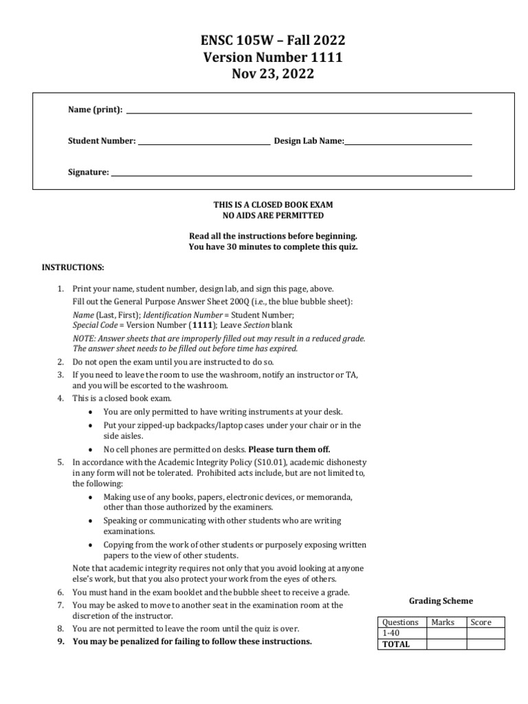 ANSWERKEY Quiz2 Ver1 ENSC105W Fall2022 | PDF