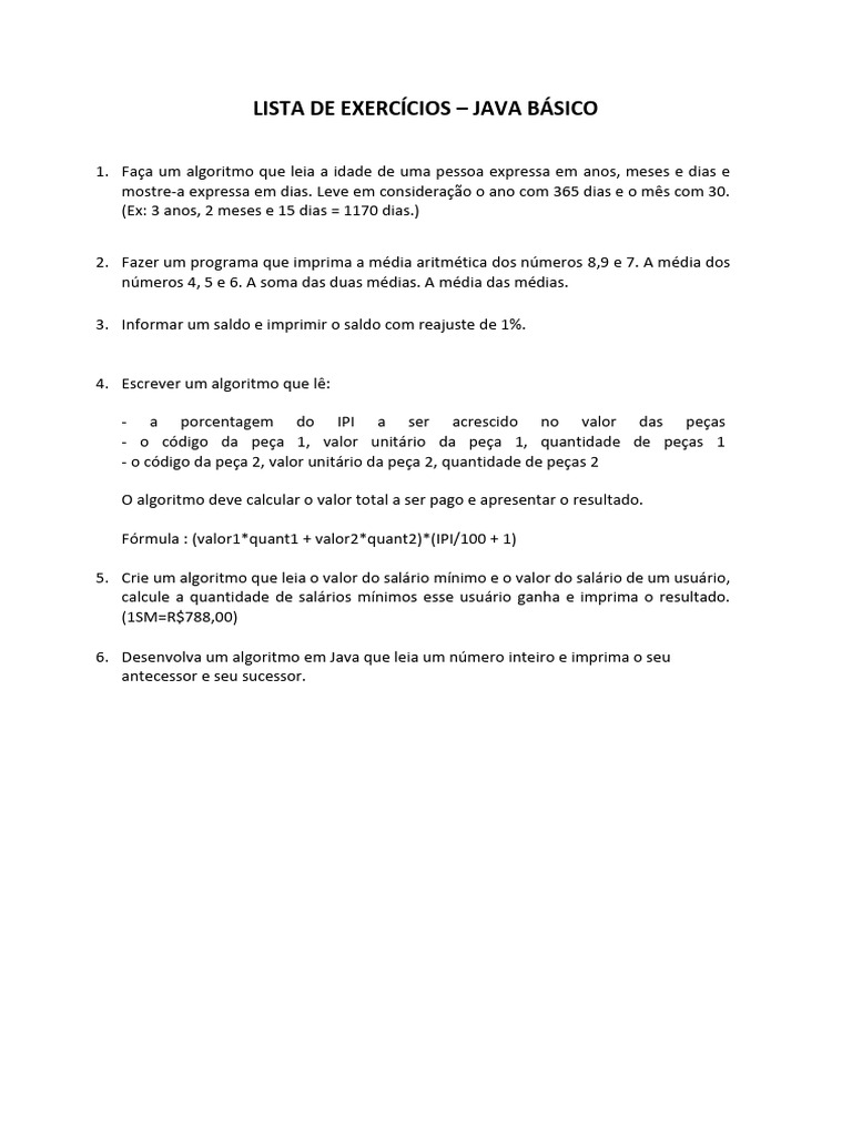 Lista de Exercicios JAVA Basico | PDF Lista de Exercicios JAVA Basico | PDF