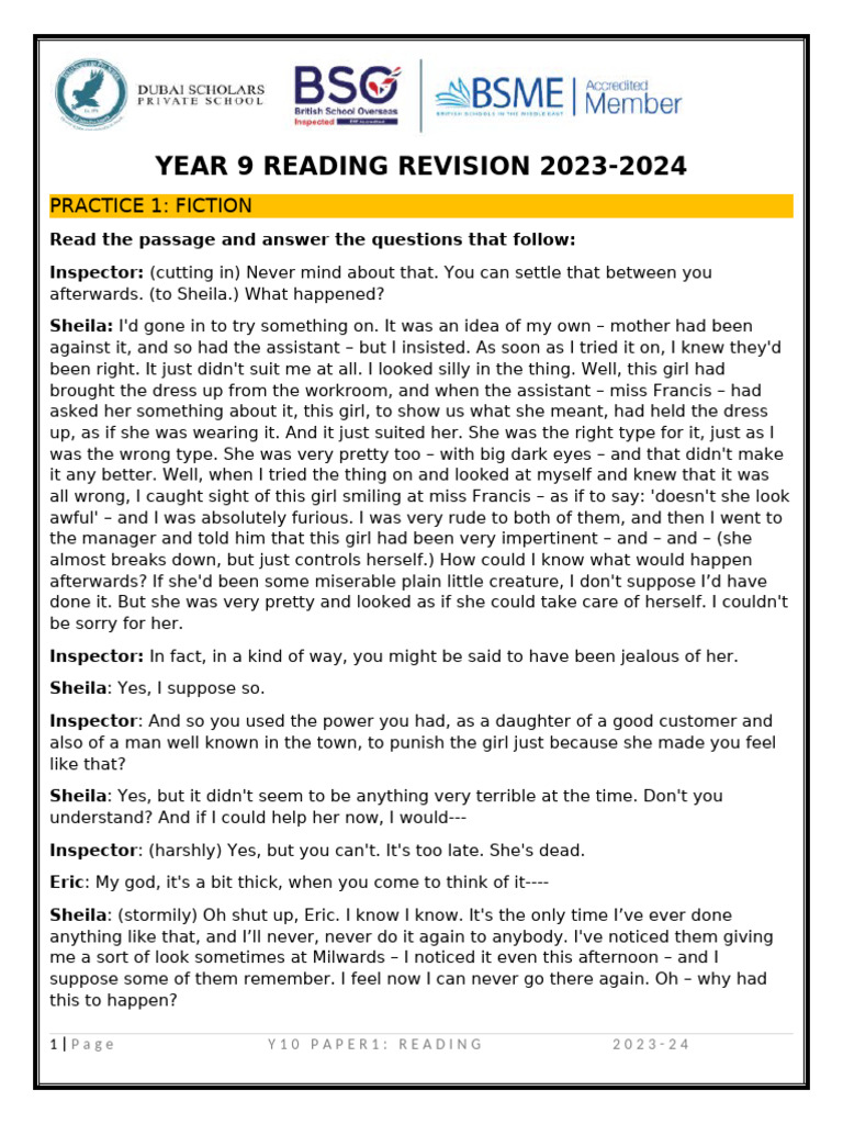 Y9 Reading Comprehension Revision | PDF