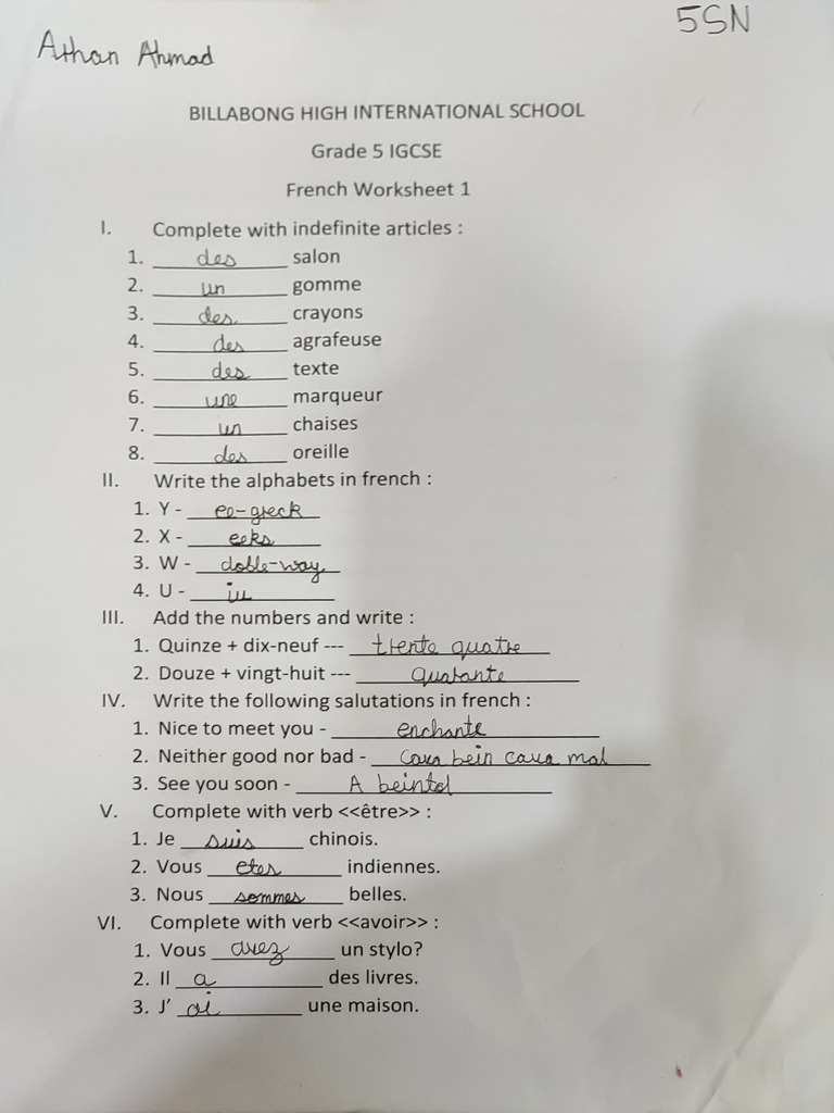 French Summer Homework Arhan Ahmad 5SN | PDF