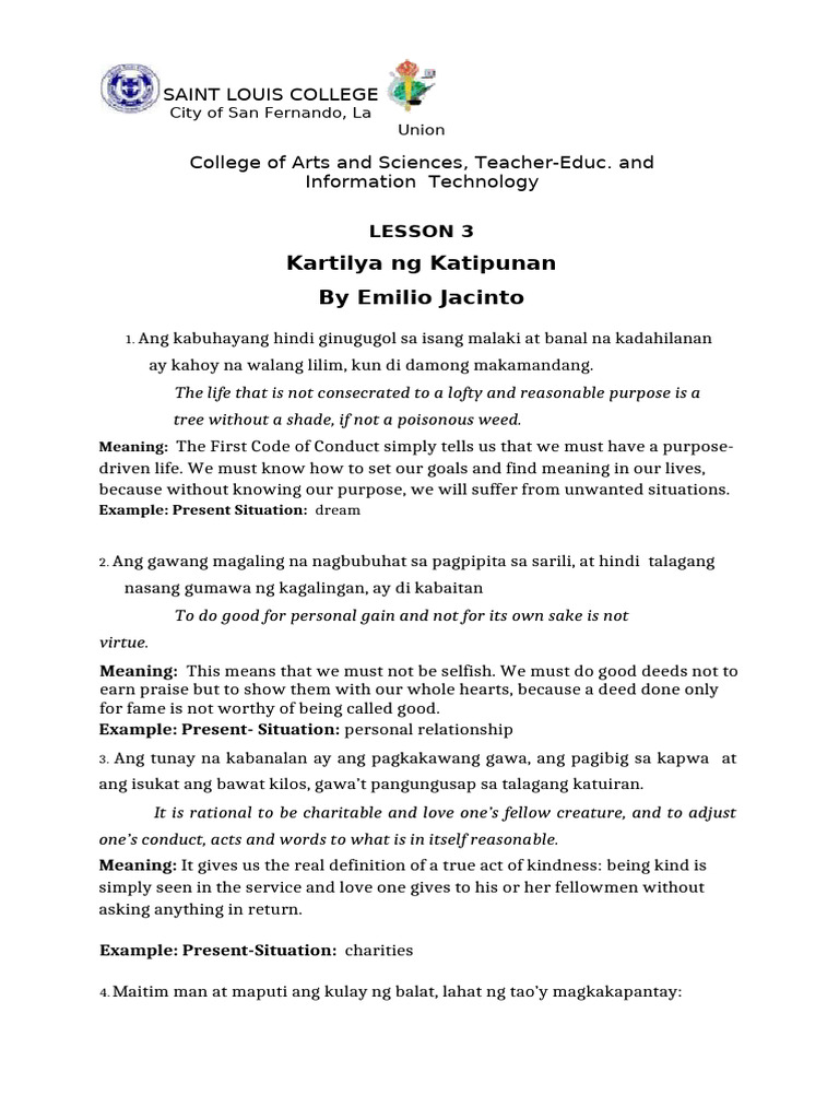 Kartilya NG Katipunan by Emilio Jacinto: Saint Louis College | PDF