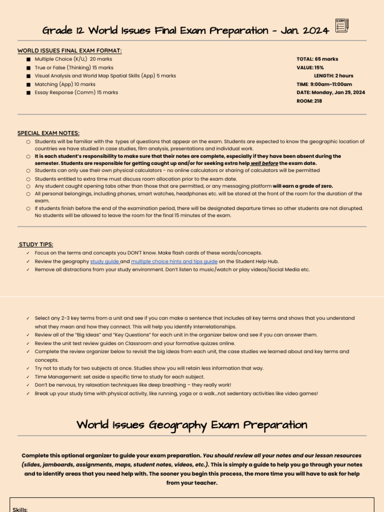 AP HUMAN GEO Final Exam Format and Prep - Jan. 2024 | PDF