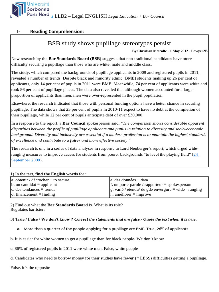 BSB and pupillage student worksheet | PDF