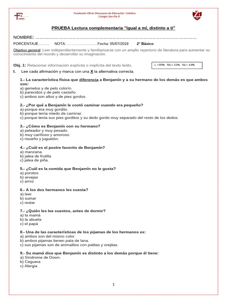 Prueba Lenguaje 05 Julio Libro Igual A Mi Distinto A Ti | PDF