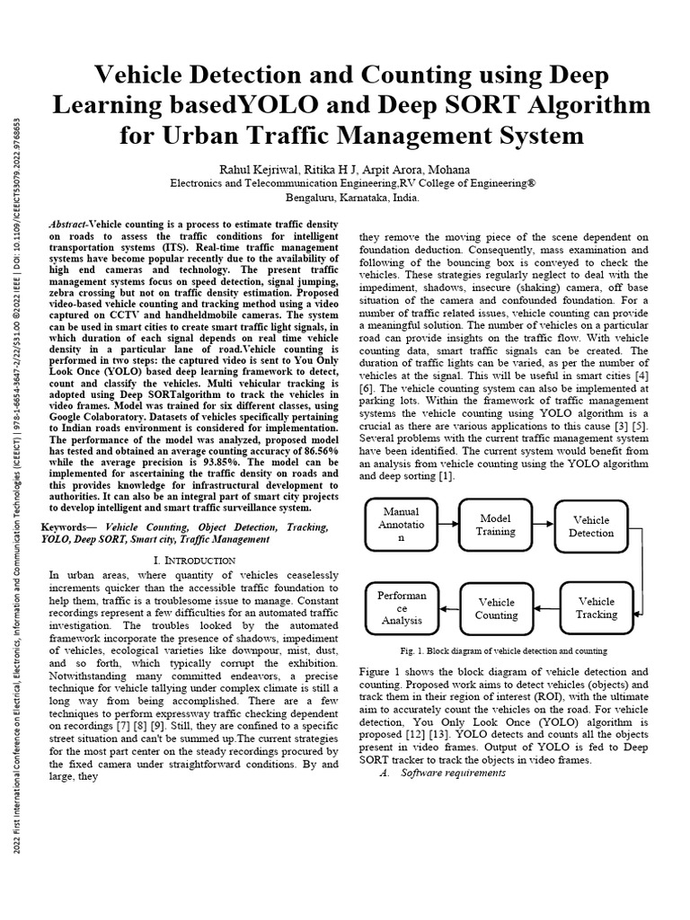 Vehicle Detection and Counting Using Deep Learning basedYOLO and Deep SORT Algorithm For Urban ...