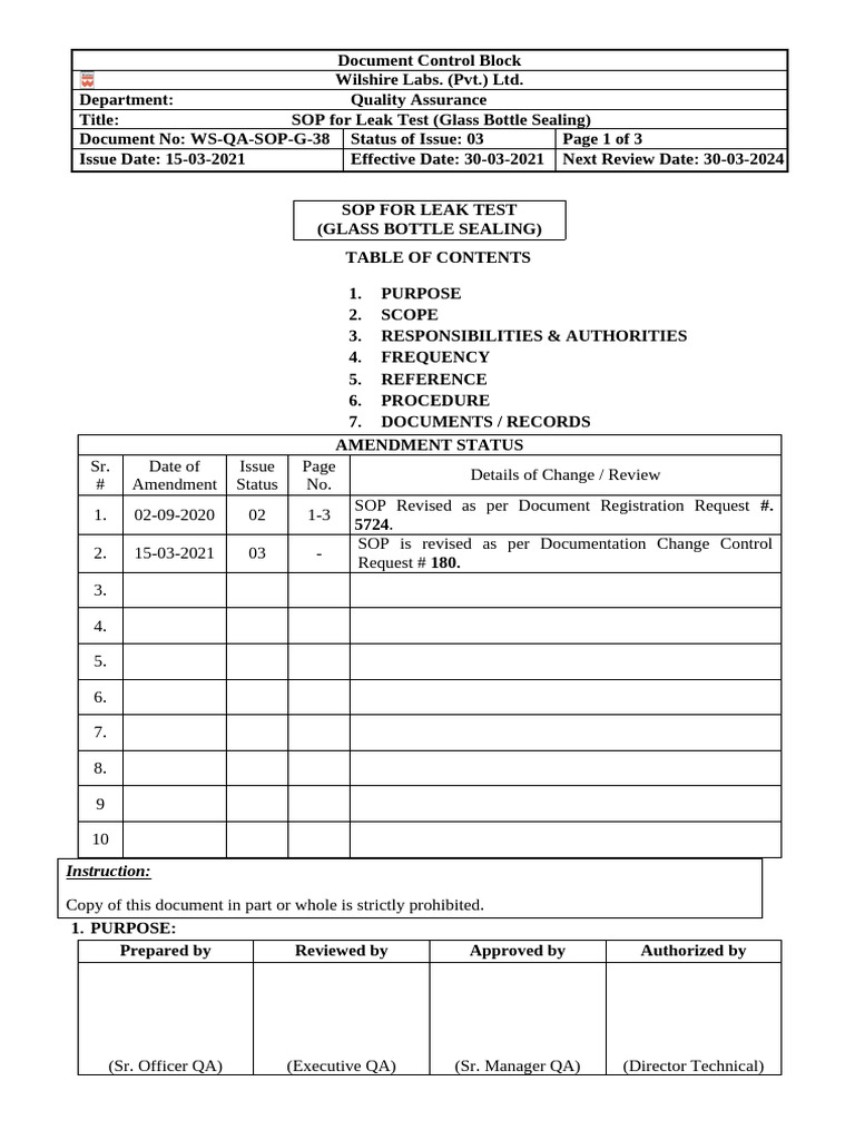 38-SOP For LEAK TEST (Bottle Sealing) | PDF