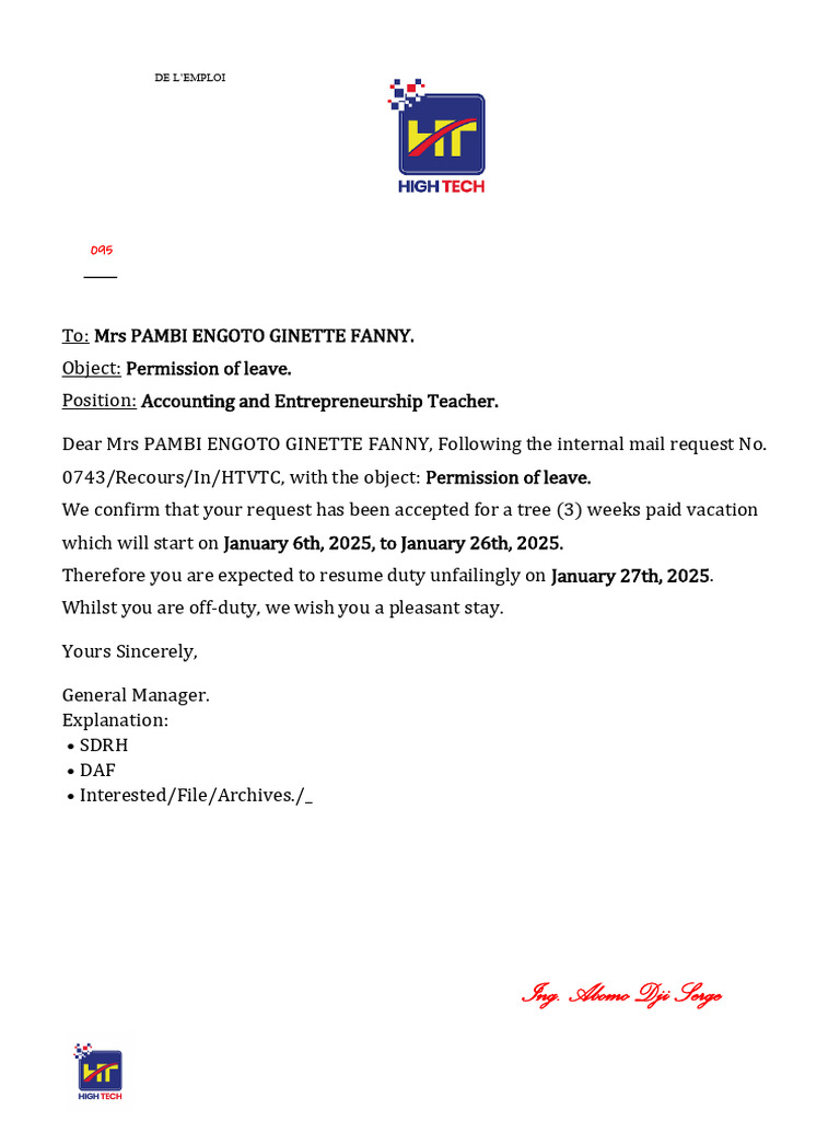 XHTVTC Approval To Leave Fru | PDF