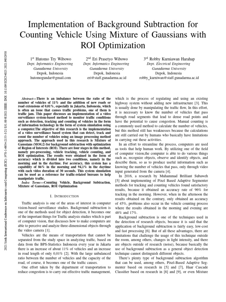 Implementation of Background Subtraction For Counting Vehicle Using Mixture of Gaussians With ...