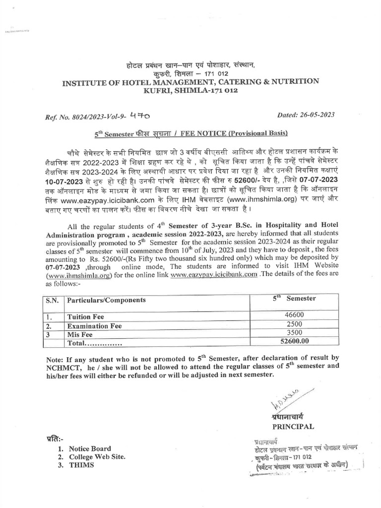 5th Sem B.SC - HHA Fee Notice 2023 2024 May 2023 | PDF