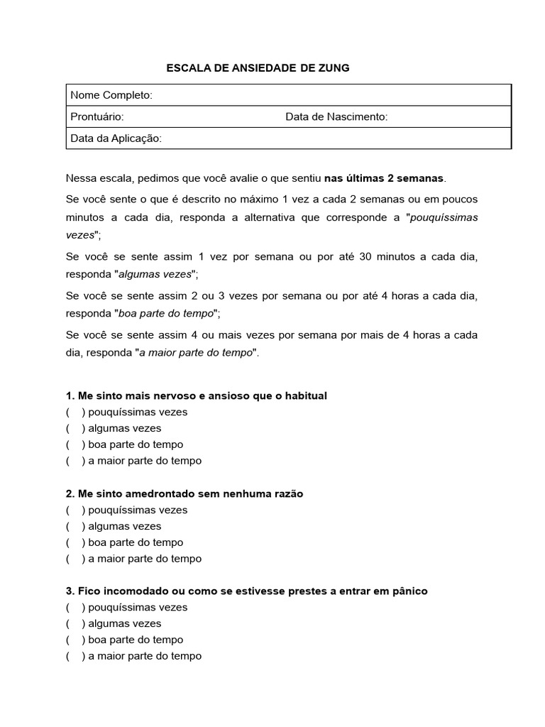 Escala de Ansiedade de Zung | PDF | Artes Linguísticas e Disciplina ...