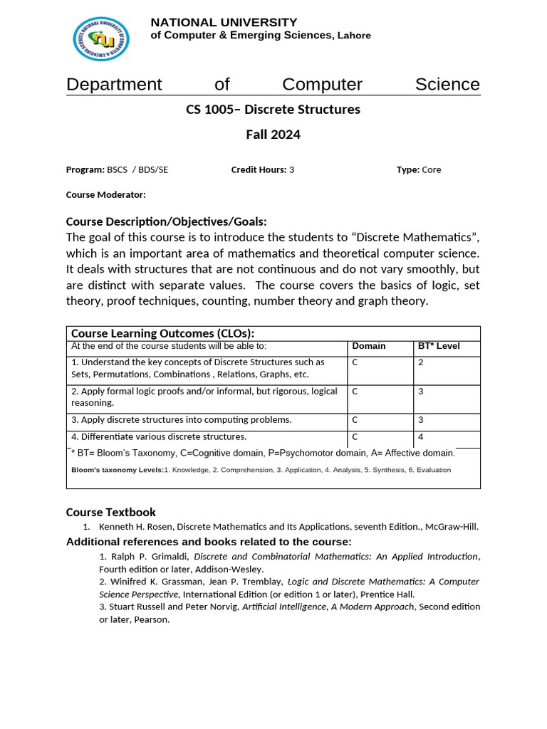 Discrete Structures course outline ( Fall 24 ) | PDF Discrete Structures course outline ( Fall 24 ) | PDF