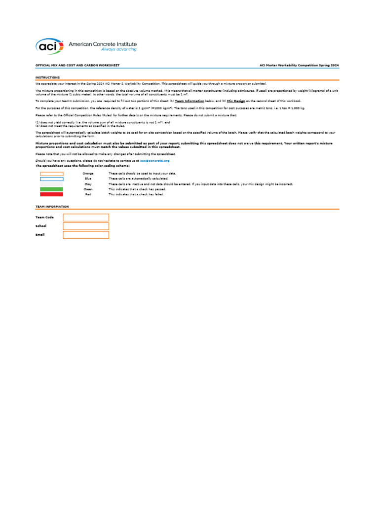 ACI Mortar Competition Mix Worksheet | PDF | Concrete | Cement