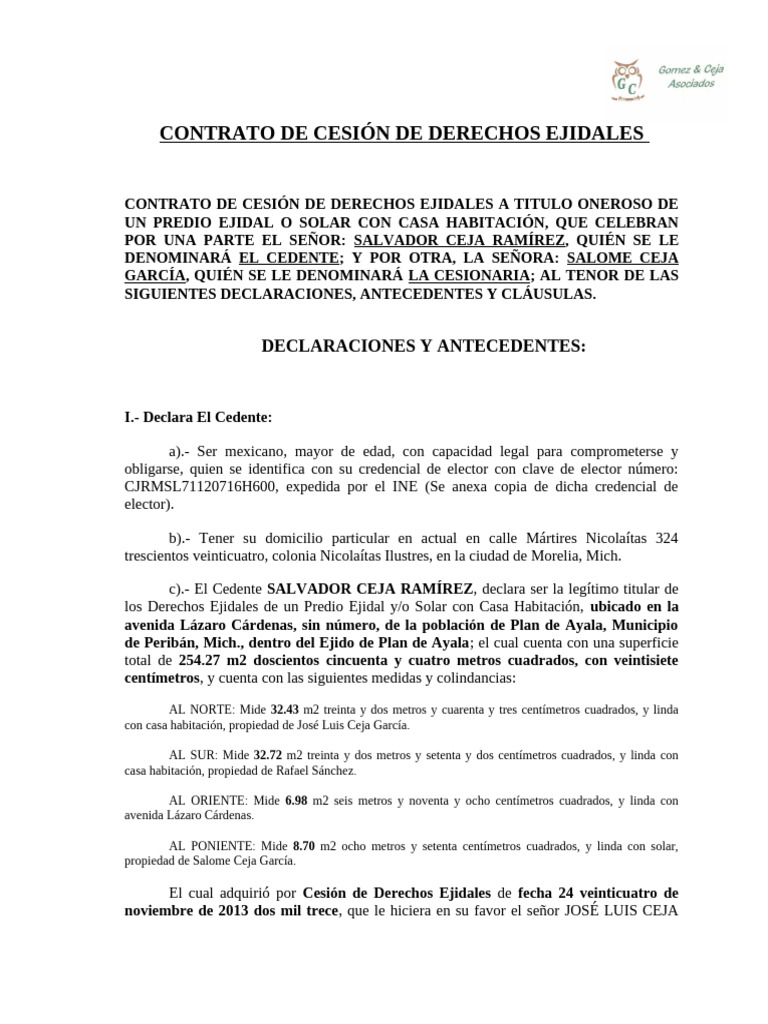 CONTRATO DE CESION DE DERECHOS EJIDALES DE SOLAR chava 23 ene 2024 | PDF