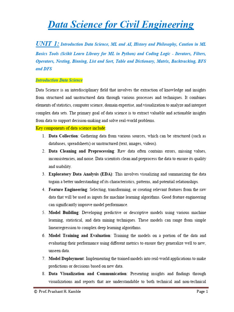 Data Science Fir Civil Engineering Unit 1 Notes and Assignments | PDF ...