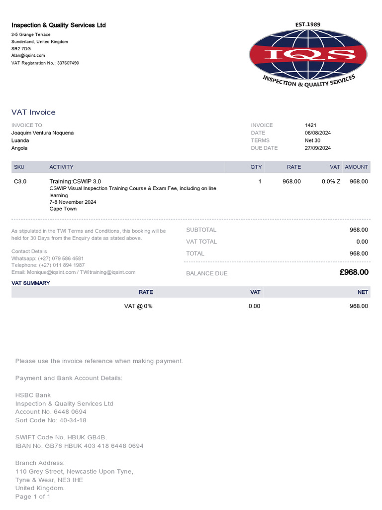 Invoice 1421 From Inspection Quality Services LTD | PDF