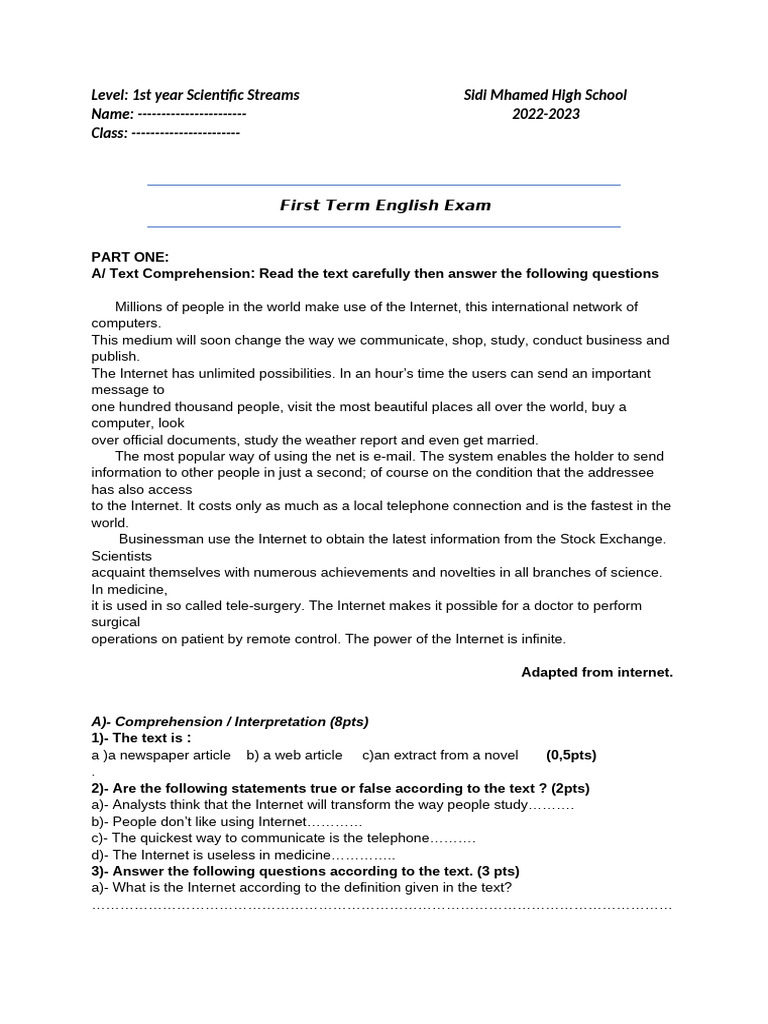 Level 1 ST FIRST EXAM - INTERNET | PDF | Internet | Human Communication